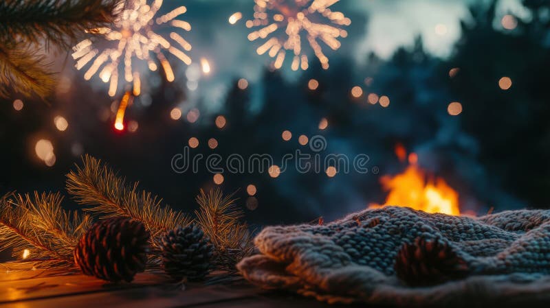 Rustic Celebration with Fireworks and Bonfire, New Year S Eve Outdoors ...