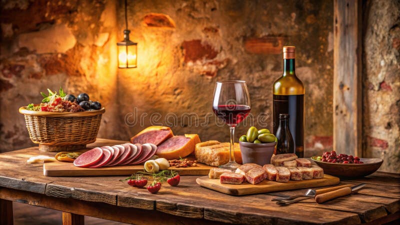 Rustic Cellar Setting with Wine, Charcuterie, and Antipasto. Generative ...