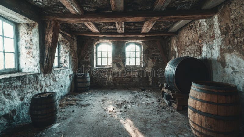 Rustic Cellar with Wooden Barrels and Windows Stock Illustration ...