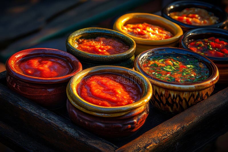 Rustic Ceramic Bowls Hold a Diverse Array of Spicy Chili Sauces ...