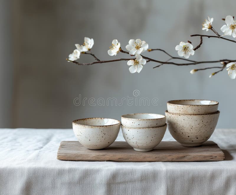 Rustic Ceramic Bowls on a Wooden Board with Blooming Branches, Serene ...