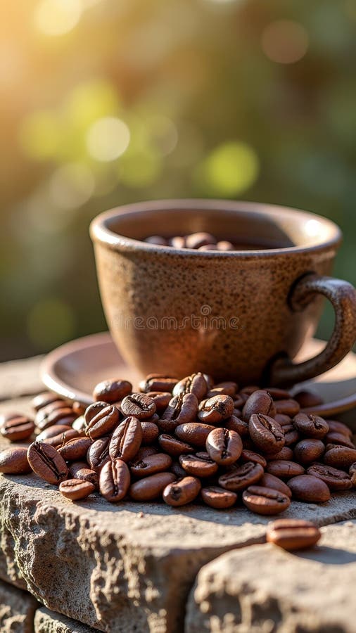 Rustic Ceramic Coffee Cup with Fresh Coffee Beans in Sunlit Outdoor ...