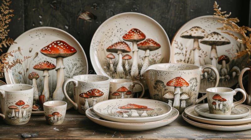 Rustic Ceramic Dinnerware Set Adorned with Charming Mushroom ...