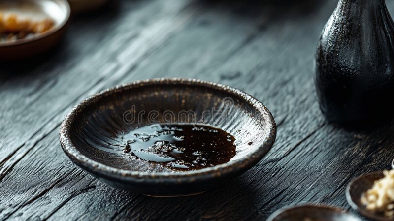 Rustic Ceramic Dish with Dark Liquid on Textured Wooden Surface Stock ...