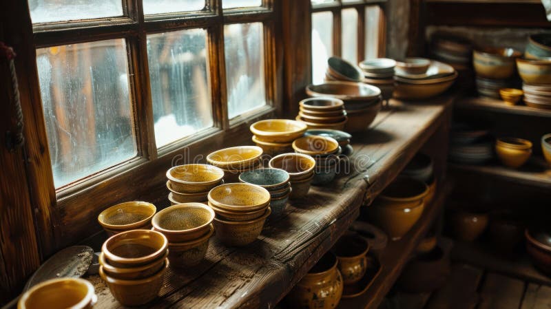 Rustic Ceramic Mugs Drying by Sunlit Window in Cozy Workshop Stock ...