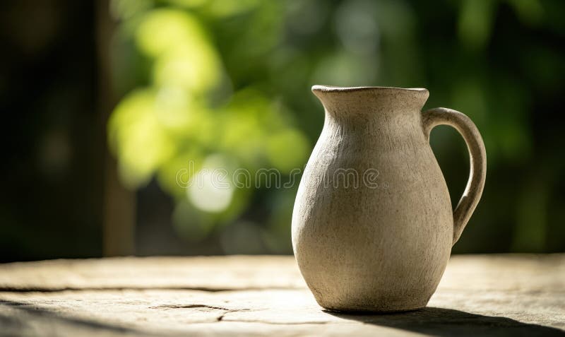 Rustic Ceramic Pitcher Sitting on a Wooden Table Bathed in Soft ...