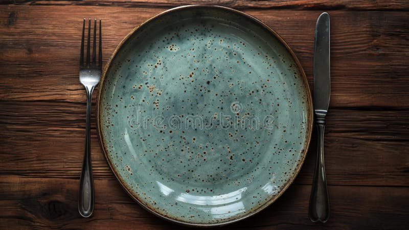 Rustic Ceramic Plate with Fork and Knife on Wood Table Stock Video ...