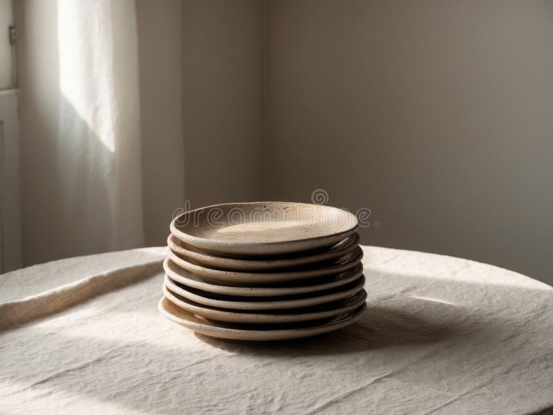 Rustic Ceramic Plate Stack on Neutral Linen with Natural Lighting ...