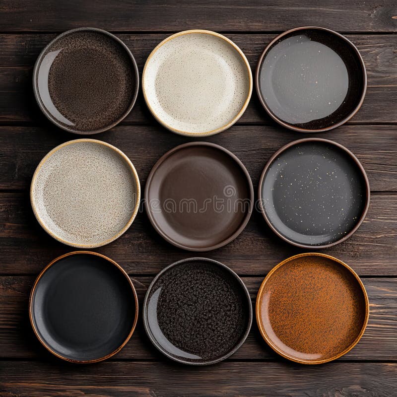 Rustic Ceramic Plates in Earthy Tones are Positioned on a Dark Surface ...