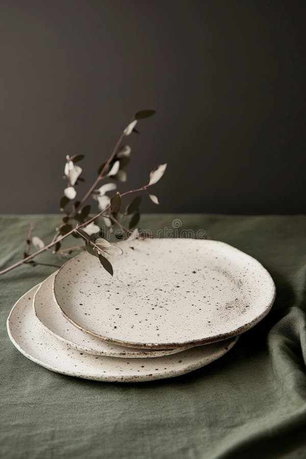 Rustic Ceramic Plates on Green Table with Eucalyptus Branch Stock Image ...