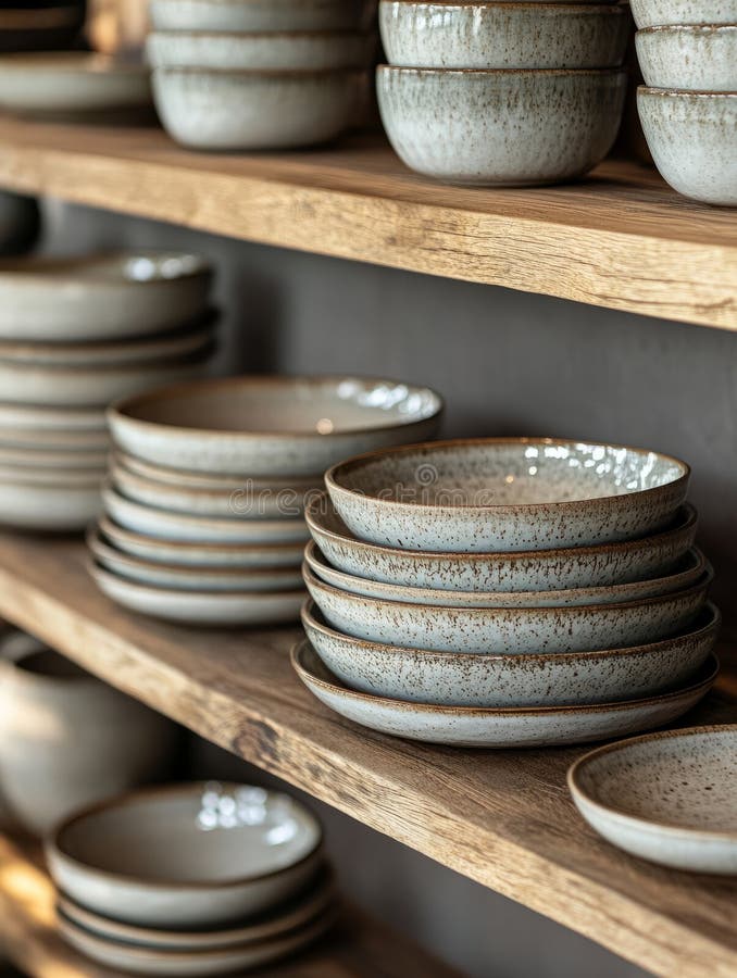 Rustic Ceramic Plates Stacked on Wooden Shelves. Stock Photo - Image of ...