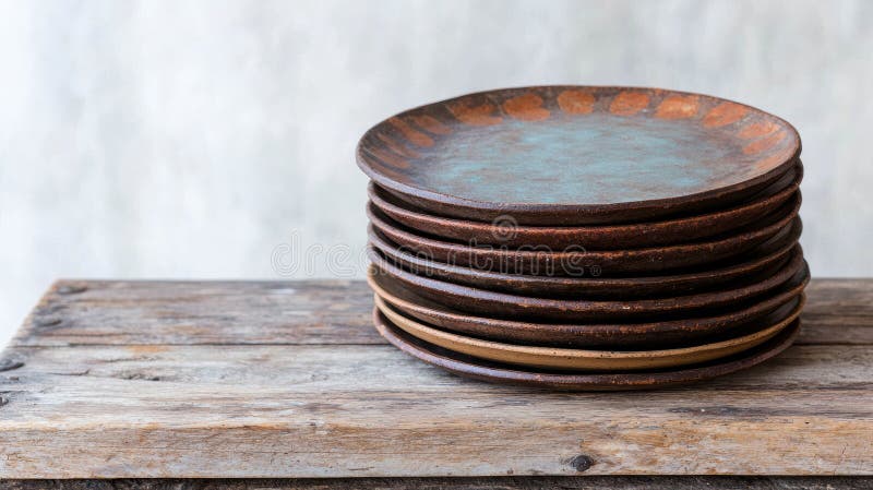 Rustic Ceramic Plates Stacked on Wooden Table Stock Illustration ...