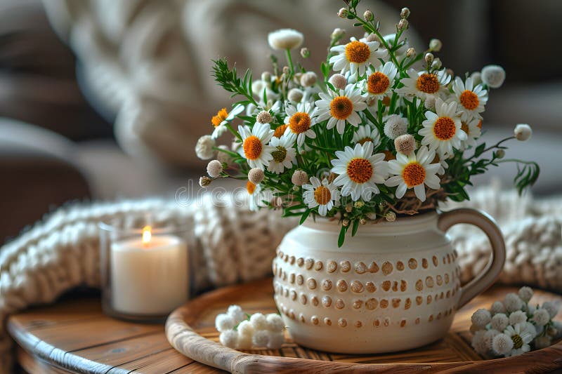 Rustic Pot of Daisies on Wooden Tray with Candle for Cozy Home Decor ...