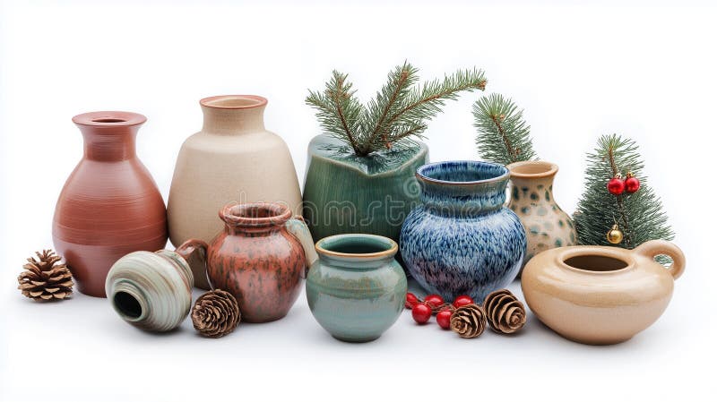 Rustic Ceramic Pots Filled with Evergreen Branches, Perfect for a ...