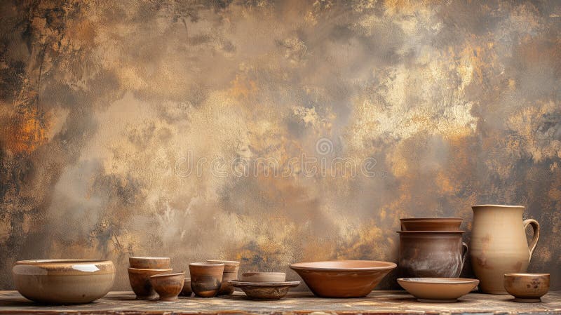 Rustic Ceramic Pottery Collection on Aged Textured Background Stock ...