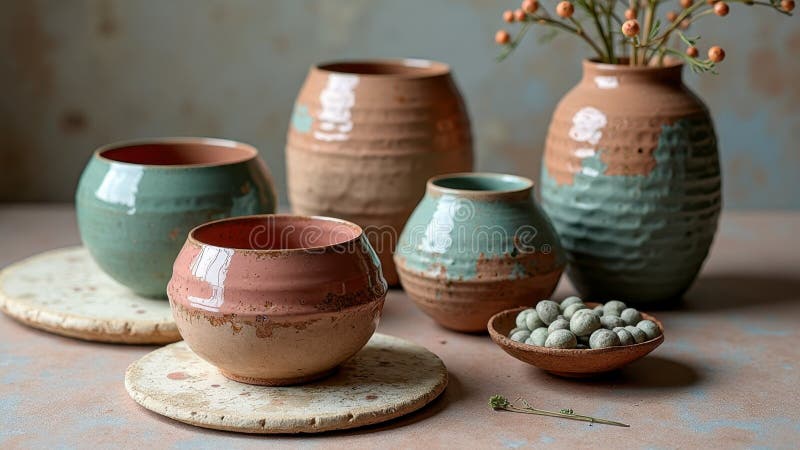 Rustic Ceramic Pottery Collection Earthy Tones Textured Surfaces Stock ...