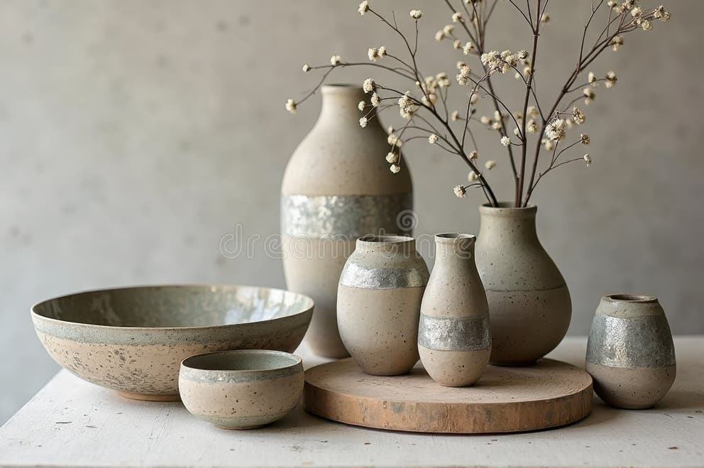 Rustic Ceramic Pottery Collection with Natural Dried Flowers on Wooden ...