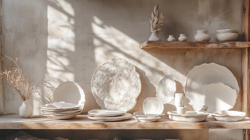 Rustic Ceramic Pottery Display with Natural Light and Shadow on Wooden ...