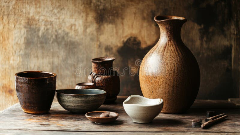 Rustic Ceramic Pottery Set on a Wooden Table Stock Photo - Image of ...