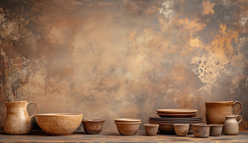 Rustic Ceramic Tableware on Textured Background with Earth Tones Stock ...