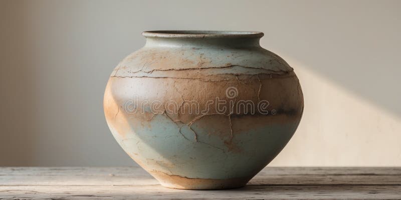 Rustic Ceramic Vase with Intricate Textures on a Wooden Table Stock ...