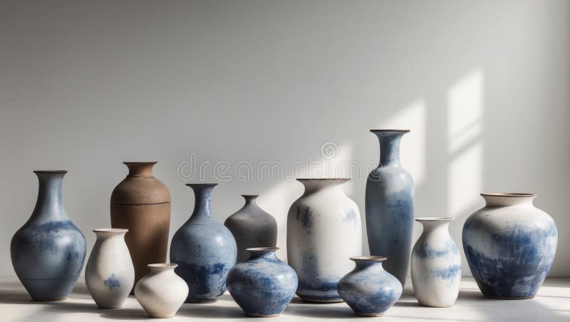 Rustic Ceramic Vases Blue and White Pottery Collection. Stock Image ...