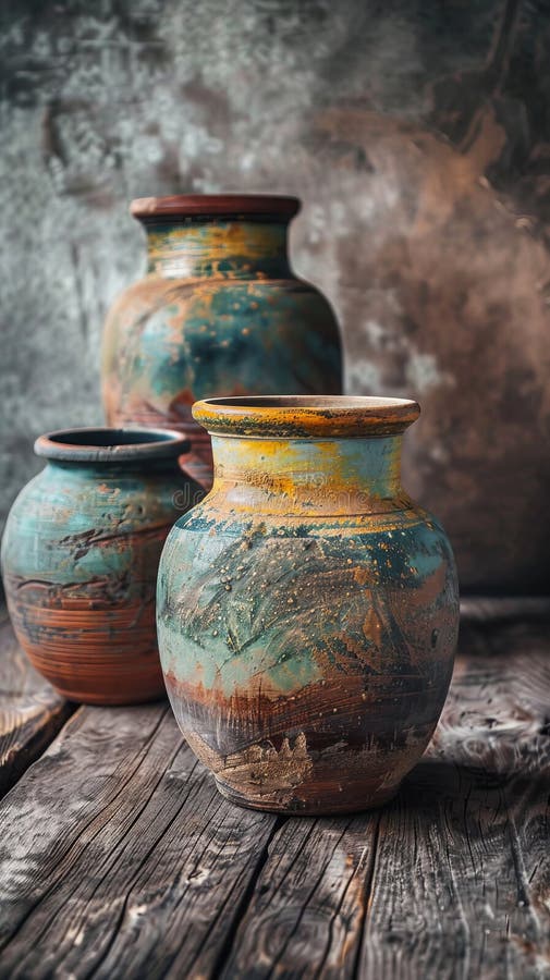 Rustic Ceramic Vases on a Wooden Surface, Bohemian Decor Concept Stock ...