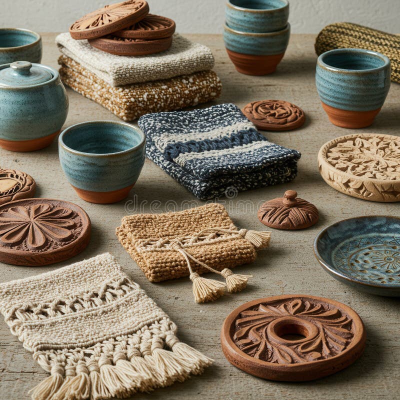 Rustic Ceramic and Woven Textiles on Wooden Table for Cozy Home Decor ...