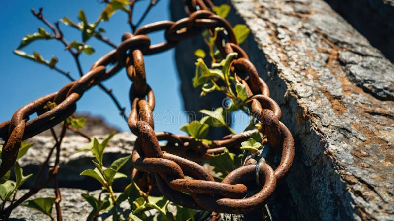 Rusty Chain Wrapped Around Stone with Greenery Stock Illustration ...