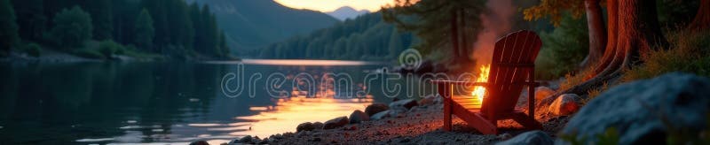 Rustic Chairs by River, Glowing Campfire, Soft Dusk , Water, Setting ...