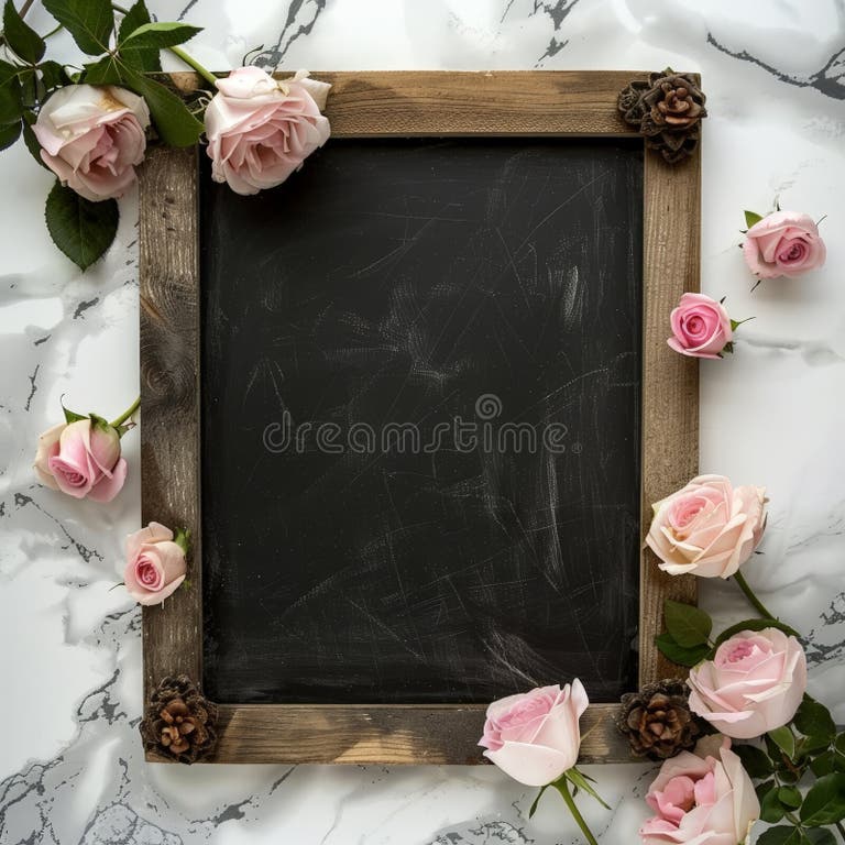 Rustic Chalkboard Frame with Pink Roses Stock Illustration ...