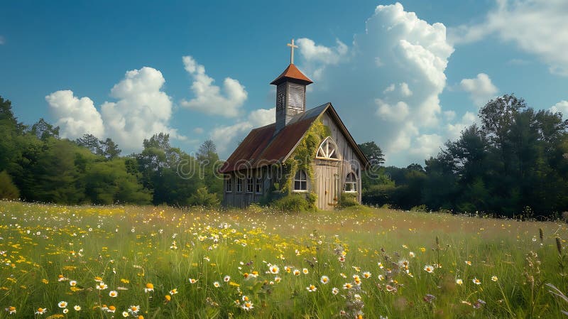 Rustic Chapel in a Meadow stock illustration. Illustration of tranquil ...