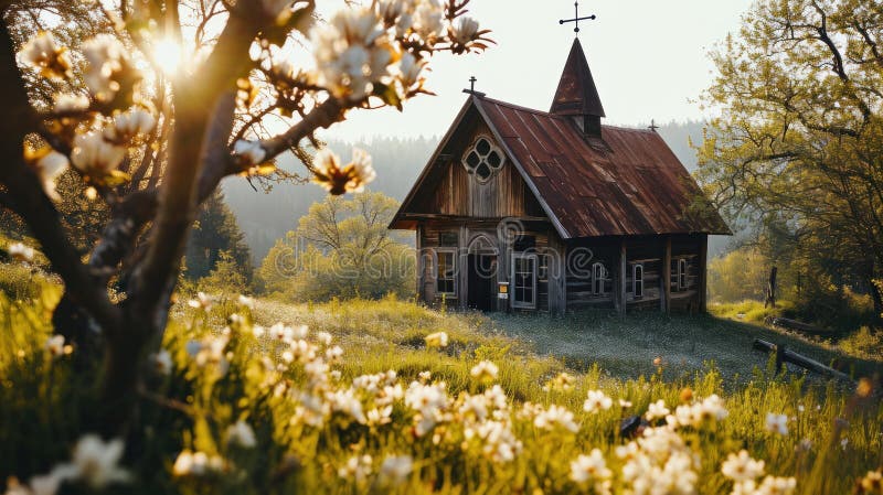 Rustic Chapel in Springtime Blooming - AI Generated Stock Illustration ...