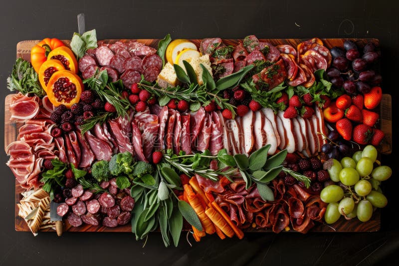 Rustic Charcuterie Board with Cured Meats, Cheeses, and Fresh Garnishes ...