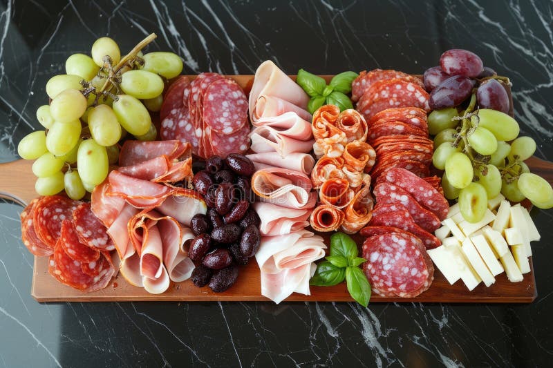 Rustic Charcuterie Board with Cured Meats, Cheeses, and Fresh Garnishes ...