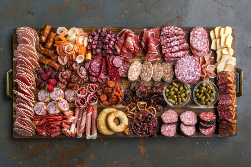 Rustic Charcuterie Board with Cured Meats, Cheeses, and Fresh Garnishes ...