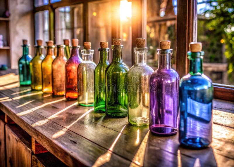 Rustic Charm a Colorful Array of Vintage Glass Bottles on a Wooden ...