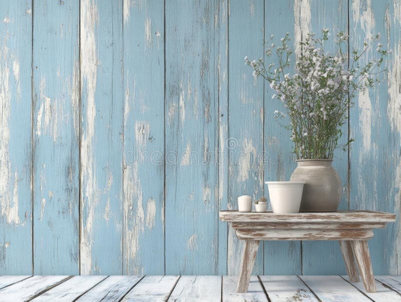 Rustic Charm, a Distressed Blue Wooden Wall with Whitewashed Accents ...
