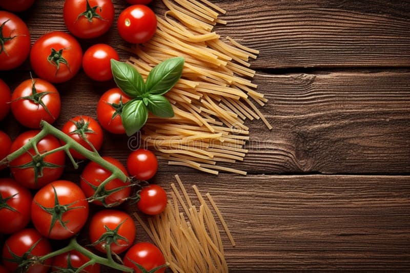 Rustic Charm, Pasta, Tomatoes Arranged on a Rustic Background Top View ...