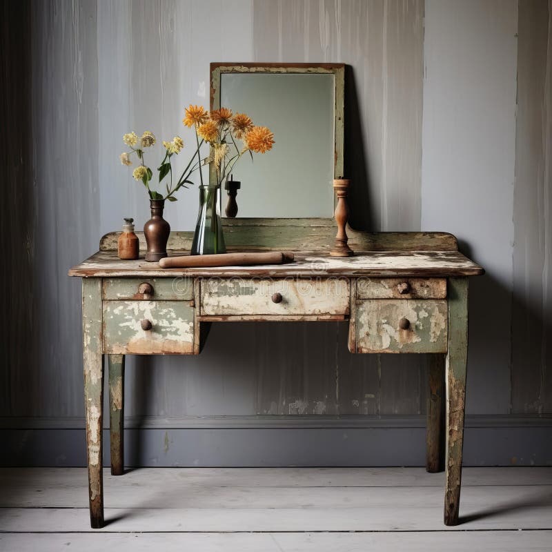 Rustic Charm of Vintage Dressing Table with Natural Grain Stock ...