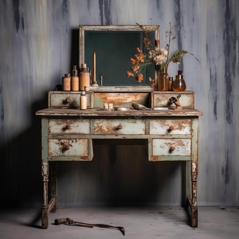 Rustic Charm of Vintage Dressing Table with Natural Grain Stock ...