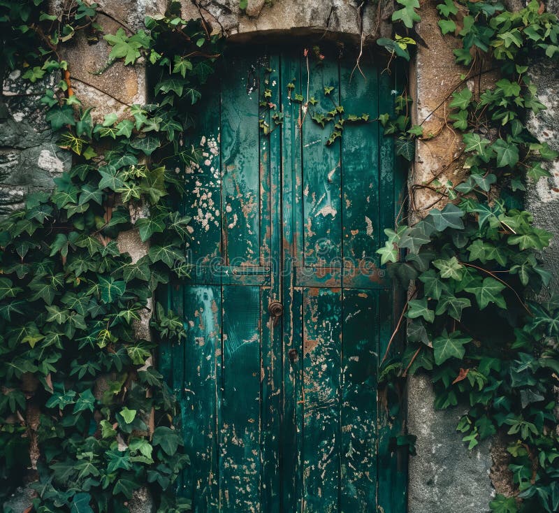 Rustic Charm of Vintage Green Door with Peeling Paint Surrounded by Ivy ...