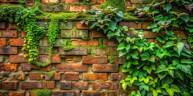 Rustic Charm of a Weathered Brick Wall Overgrown with Moss and Vines a ...