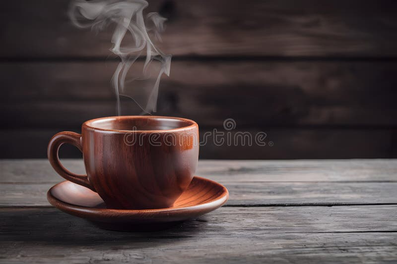 Rustic Charm Wooden Coffee Cup on Table with Steaming Drink Stock ...
