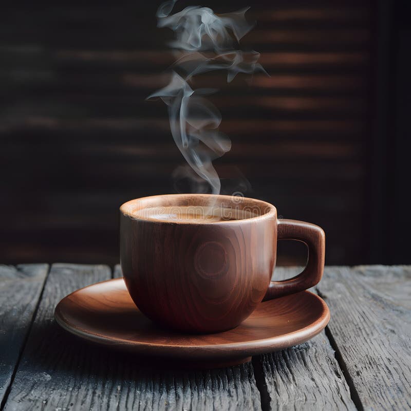 Rustic Charm Wooden Coffee Cup on Table with Steaming Drink Stock ...