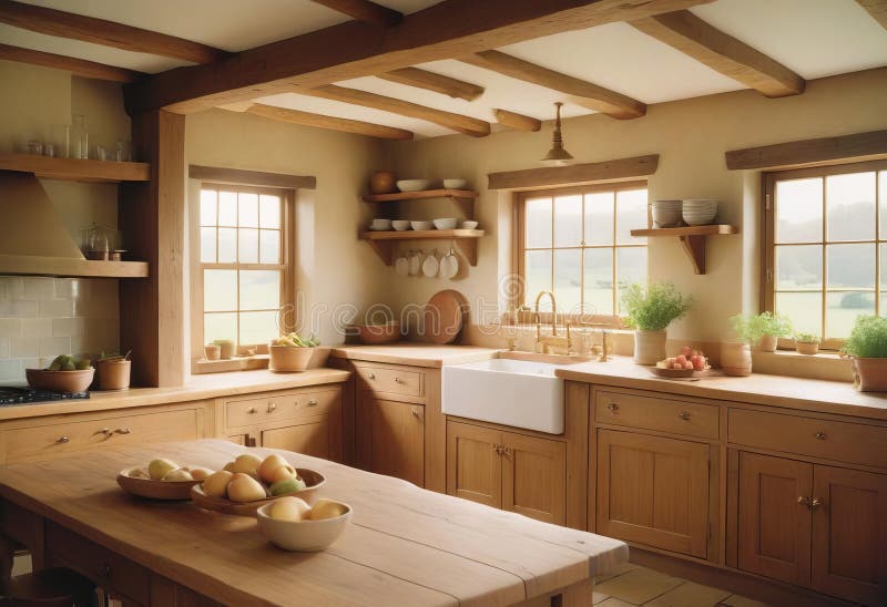 A Rustic, Charming Country Kitchen with Exposed Beam Stock Illustration ...