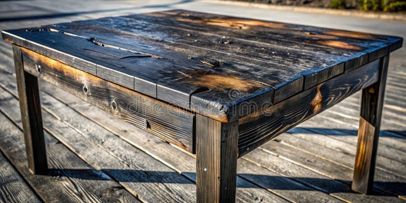 Rustic Charred Wood Coffee Table on Wooden Deck. Generative AI Stock ...