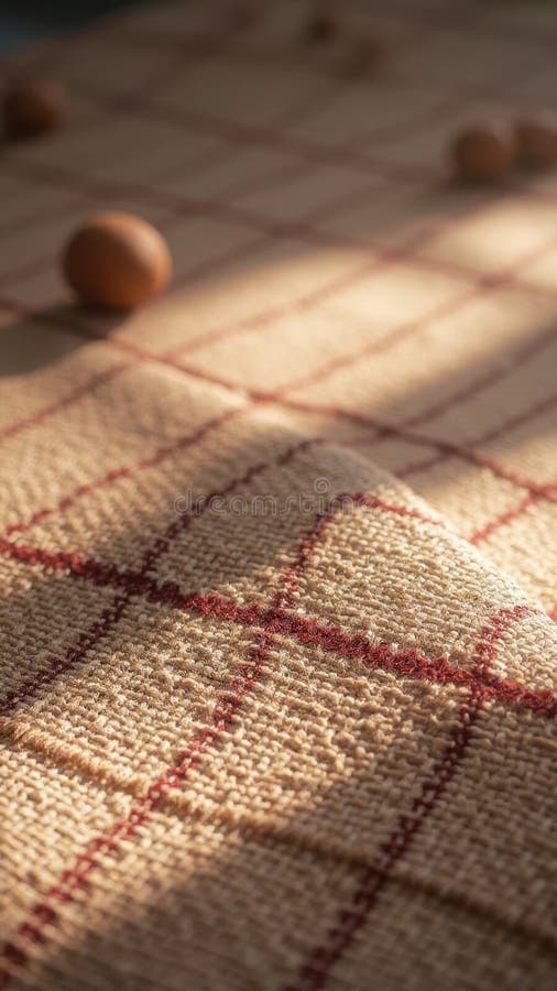 Rustic Checkered Fabric with Warm Sunlight and Wooden Beads in Cozy ...