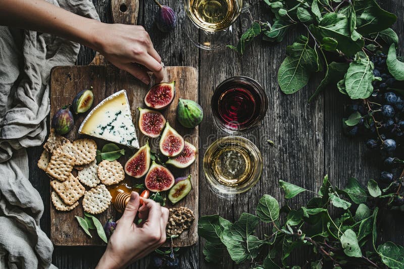 Rustic Cheese Board with Figs, Crackers, and Wine on Wooden Table ...