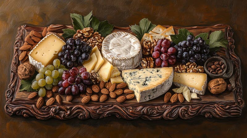 A Rustic Cheese Board with Various Gourmet Cheeses, Nuts, and Grapes ...